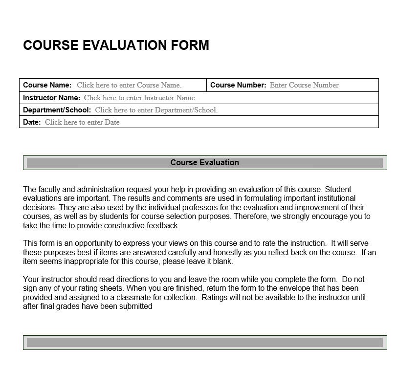 Course Evaluation Form Review Of Instructor Course And Materials